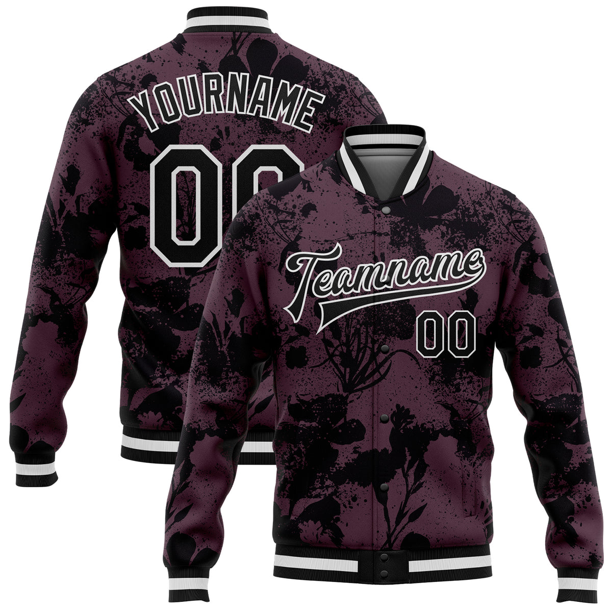 Custom Burgundy Black-White Plant And Flower 3D Pattern Design Bomber ...