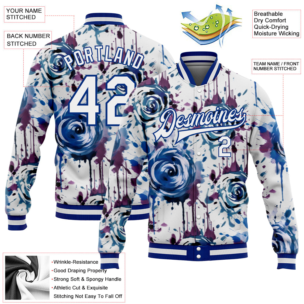 Custom White Royal Drip Painting Rose 3D Pattern Design Bomber Full ...