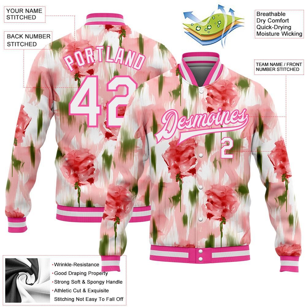 Custom Pink White Fuzzy Rose Art 3D Pattern Design Bomber Full-Snap ...