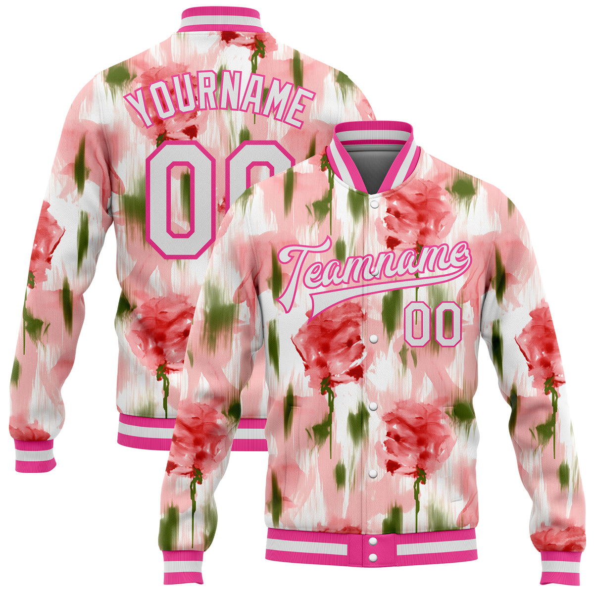 Custom Pink White Fuzzy Rose Art 3D Pattern Design Bomber Full-Snap ...