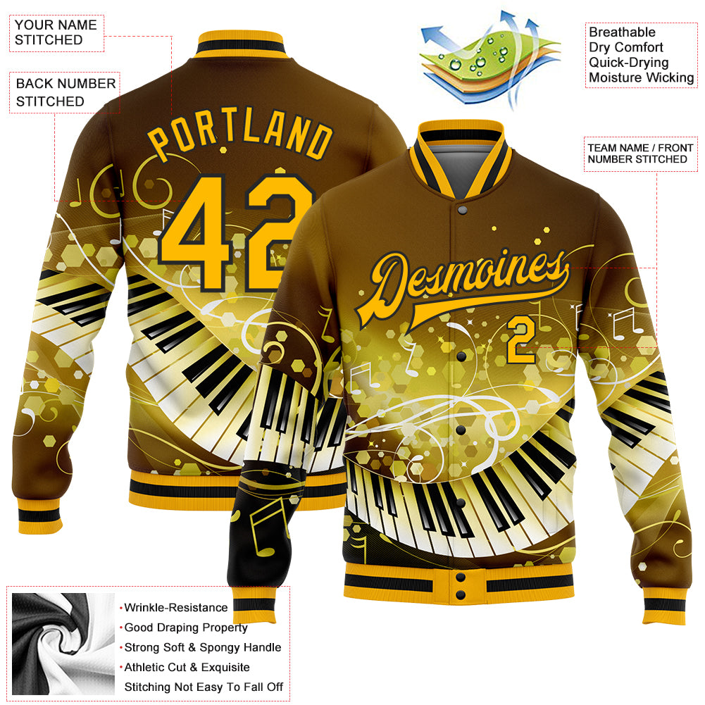 Custom Brown Gold-Black Piano Music Festival 3D Pattern Design Bomber ...