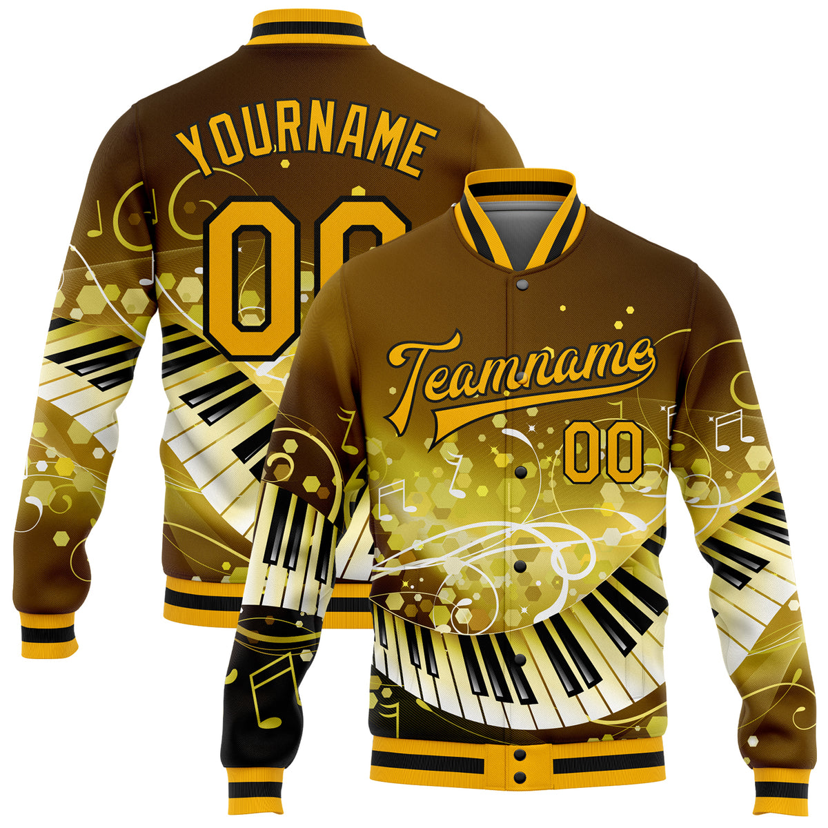 Custom Brown Gold-Black Piano Music Festival 3D Pattern Design Bomber ...