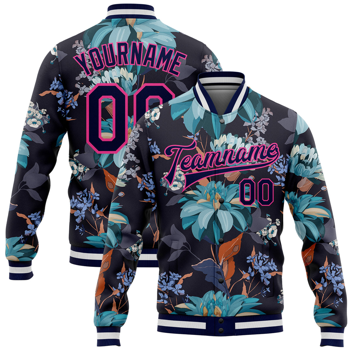 Custom Navy Pink Flowers 3D Pattern Design Bomber Full-Snap Varsity ...