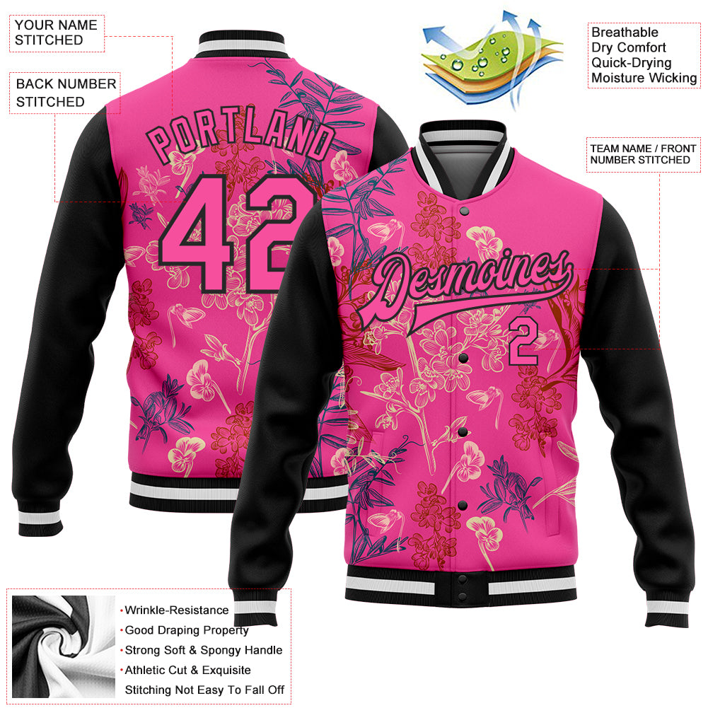 Custom Pink Black Flowers 3D Pattern Design Bomber Full-Snap Varsity ...
