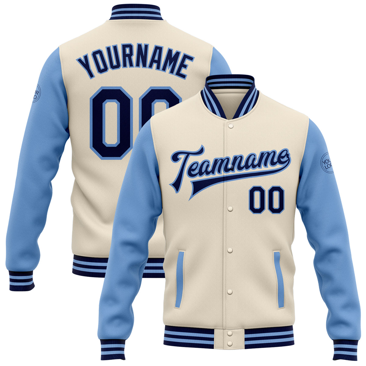 Custom Cream Navy-Light Blue Bomber Full-Snap Varsity Letterman Two ...