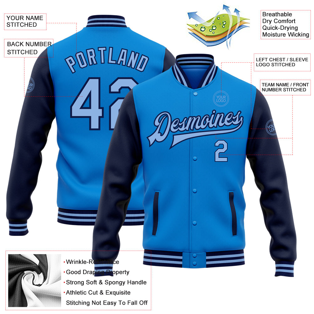 Custom Electric Blue Light Blue-Navy Bomber Full-Snap Varsity Letterman ...
