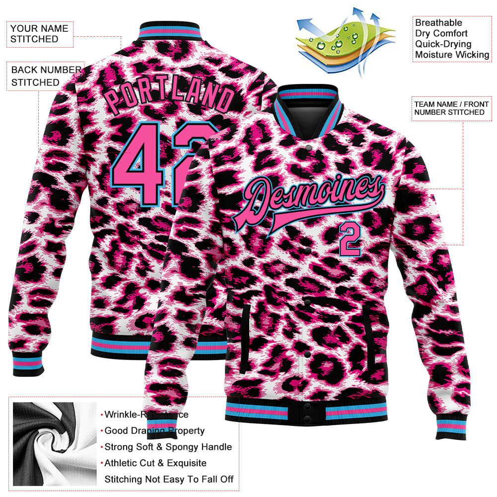 Custom Pink Sky Blue-Black Leopard Print 3D Pattern Design Bomber Full ...