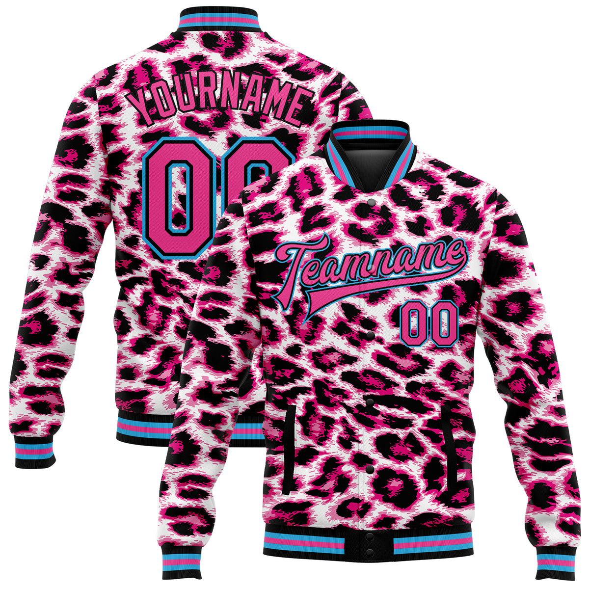 Custom Pink Sky Blue-Black Leopard Print 3D Pattern Design Bomber Full ...