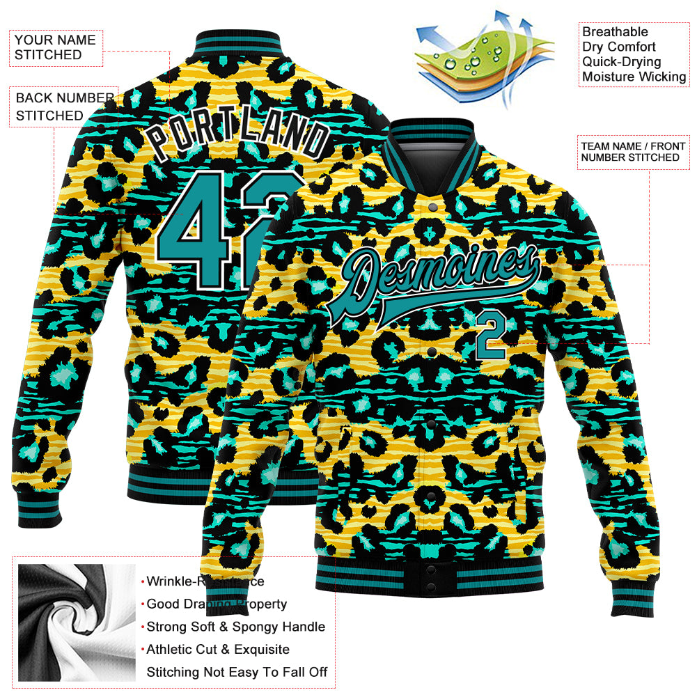 Custom Gold Teal-Black Leopard And Zebra Print 3D Pattern Design Bomber ...