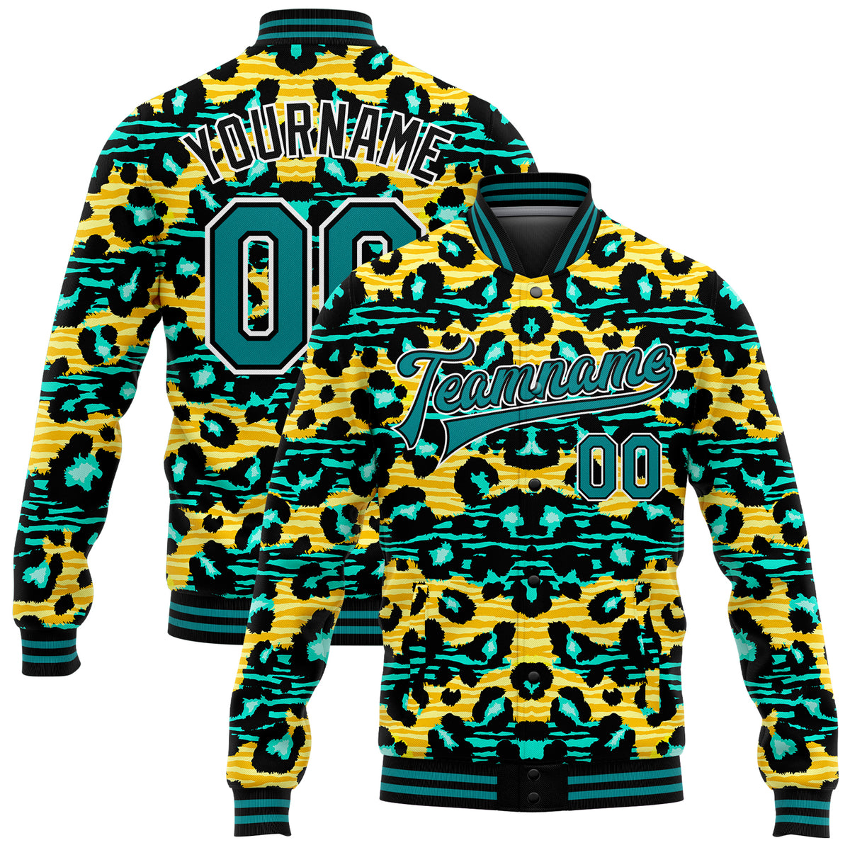 Custom Gold Teal-Black Leopard And Zebra Print 3D Pattern Design Bomber ...