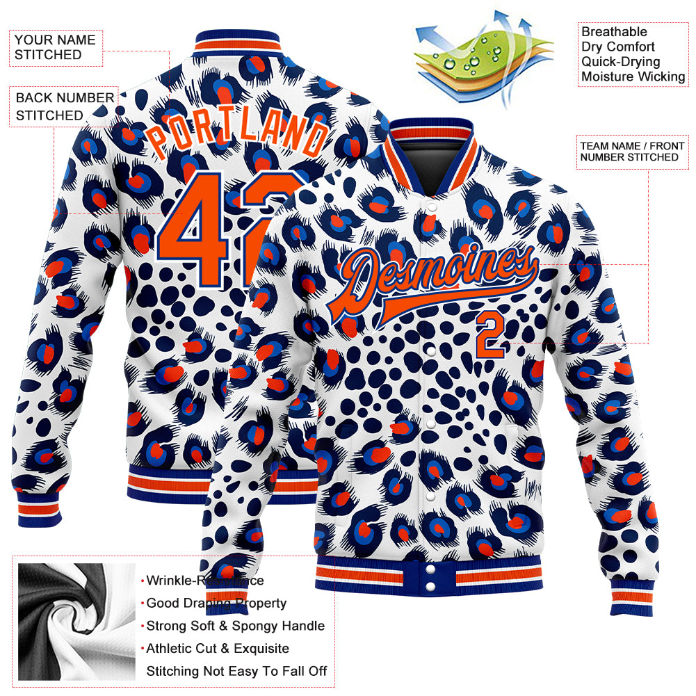 Custom White Orange-Royal Leopard Print 3D Pattern Design Bomber Full ...