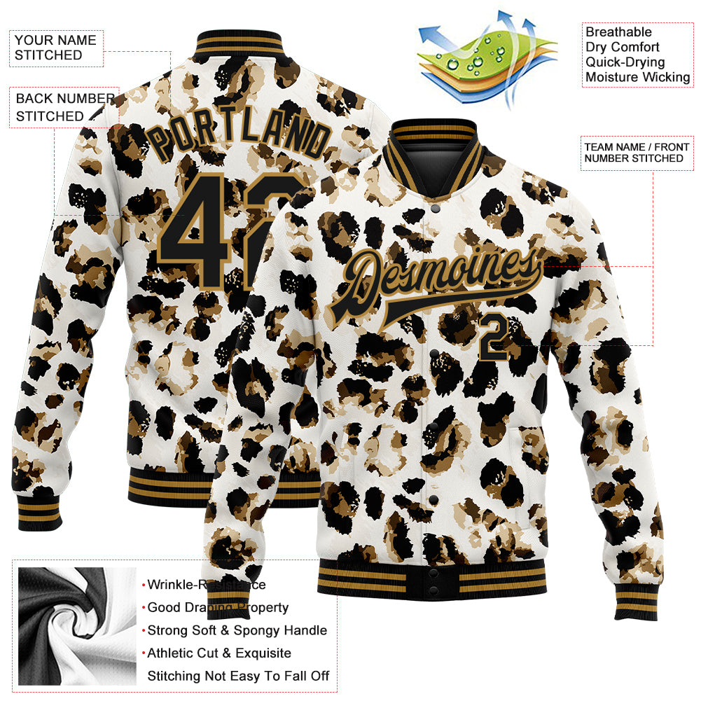 Custom White Black-Old Gold Leopard Print 3D Pattern Design Bomber Full ...