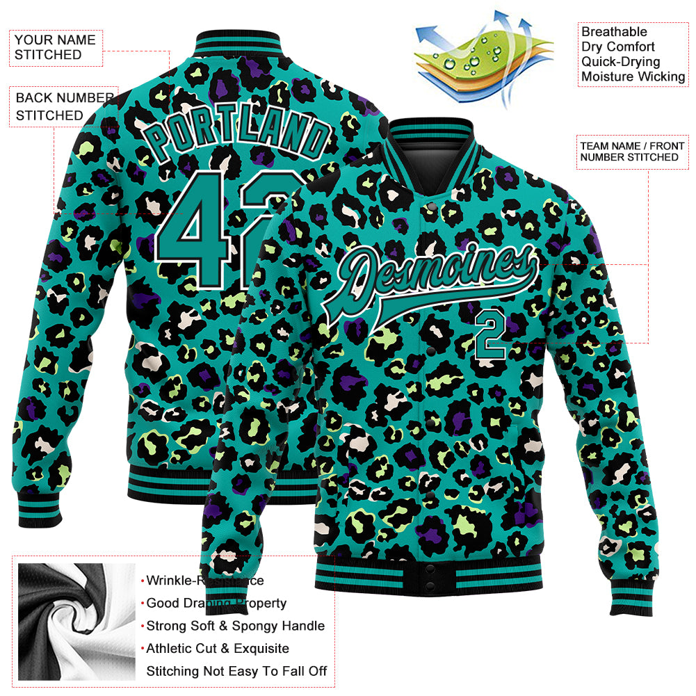 Custom Teal Black-White Leopard Print 3D Pattern Design Bomber Full ...