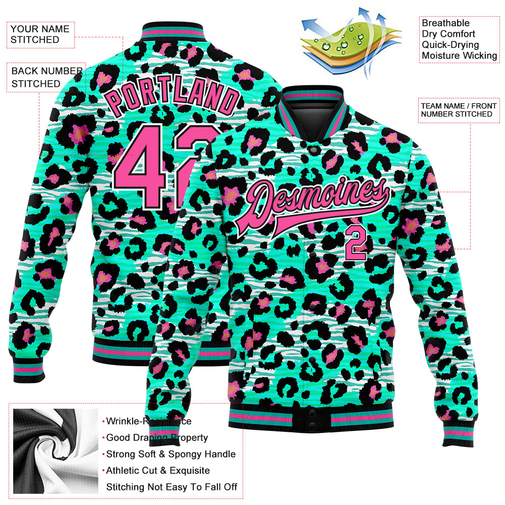 Custom Aqua Pink-Black Leopard Print 3D Pattern Design Bomber Full-Snap ...