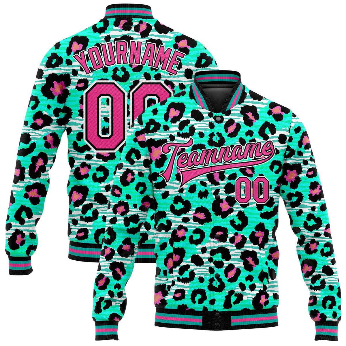 Custom Aqua Pink-Black Leopard Print 3D Pattern Design Bomber Full-Snap ...