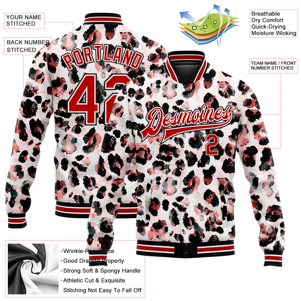 Custom White Red-Black Leopard Print 3D Pattern Design Bomber Full-Snap ...