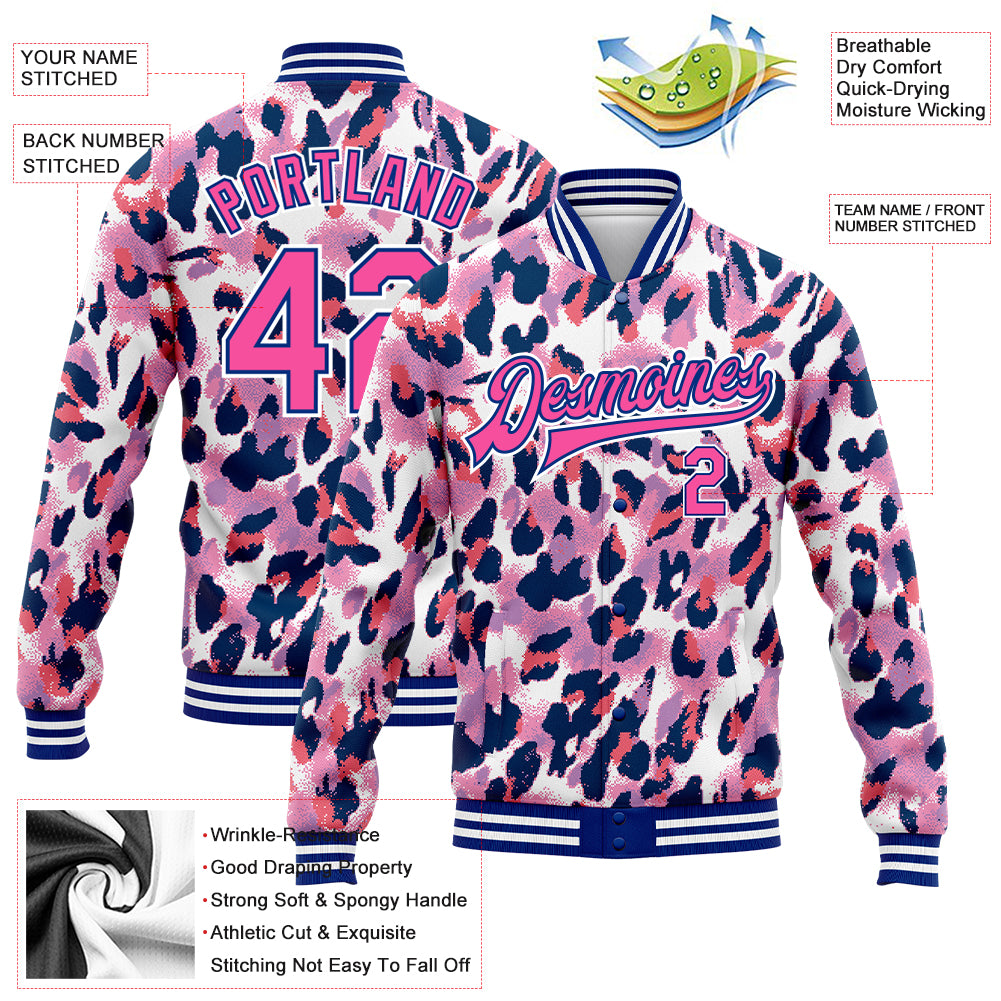 Custom White Pink-Royal Leopard Print 3D Pattern Design Bomber Full ...