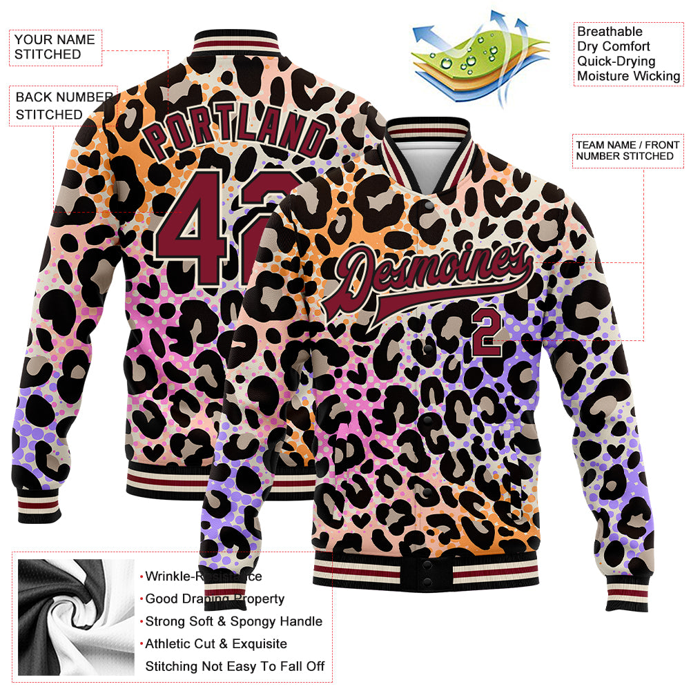 Custom City Cream Crimson-Black Leopard Print 3D Pattern Design Bomber ...