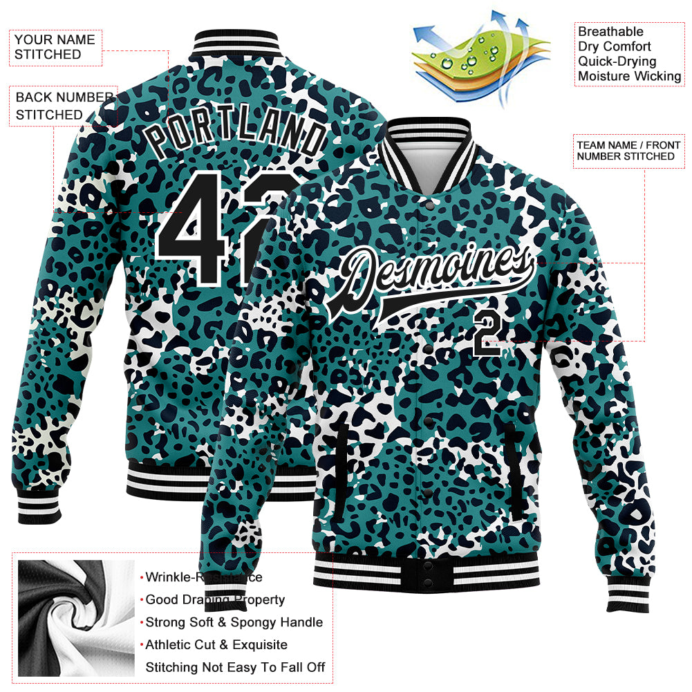 Custom Teal Black-White Leopard Print 3D Pattern Design Bomber Full ...