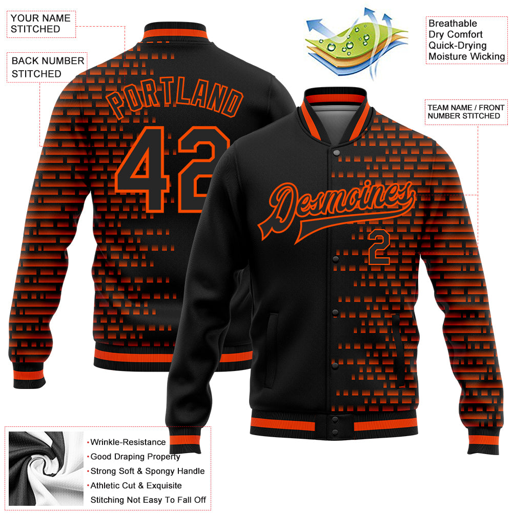 Custom Black Orange Halftone 3D Pattern Design Bomber Full-Snap Varsity ...