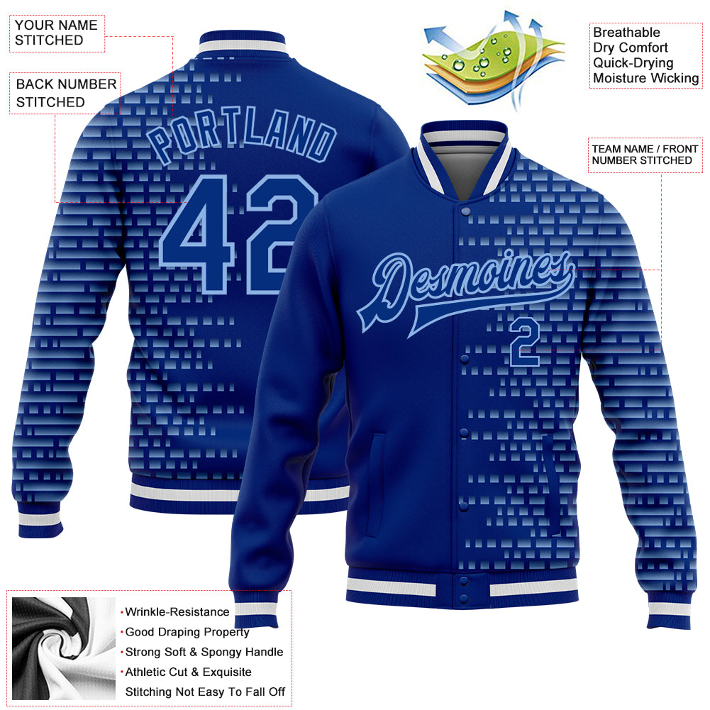 Custom Royal Light Blue-White Halftone 3D Pattern Design Bomber Full ...