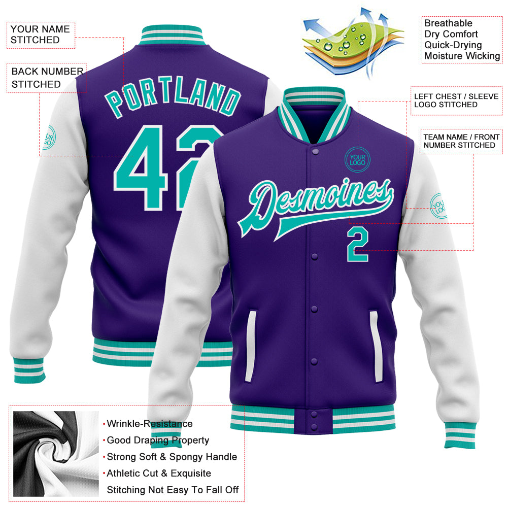 Custom Purple Aqua-White Bomber Full-Snap Varsity Letterman Two Tone ...