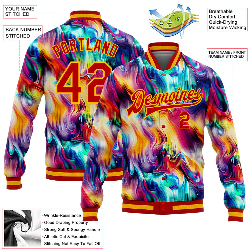 Custom Red Gold Abstract Rainbow Liquid Trippy 3D Pattern Design Bomber ...