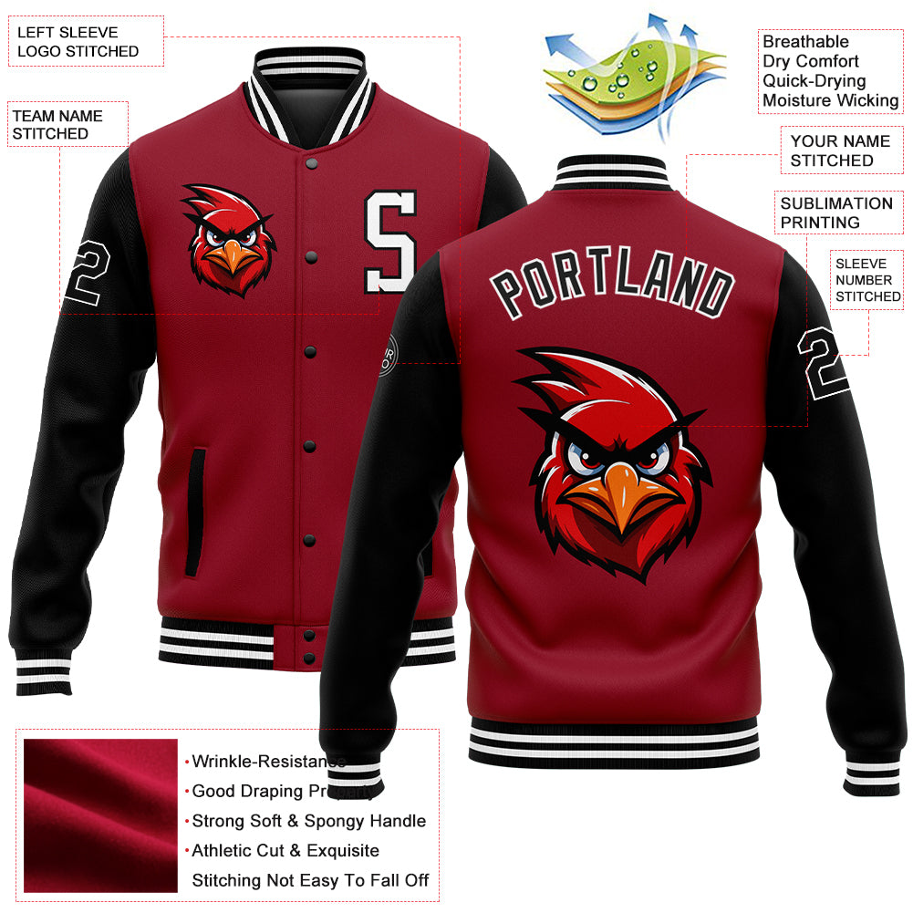 Custom Cardinal Black-White 3D Pattern Design Bomber Full-Snap Varsity ...
