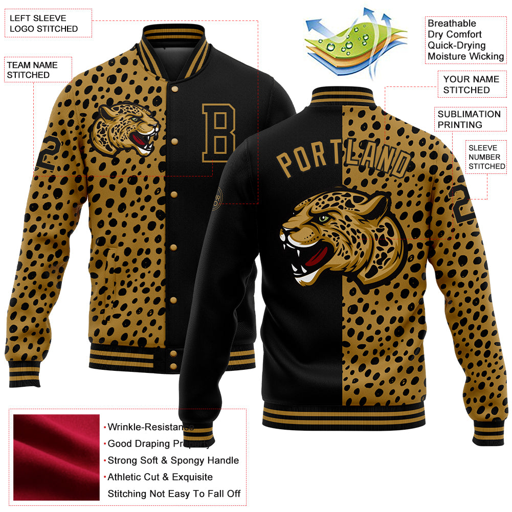 Custom Black Old Gold Leopard Print 3D Pattern Design Bomber Full-Snap ...