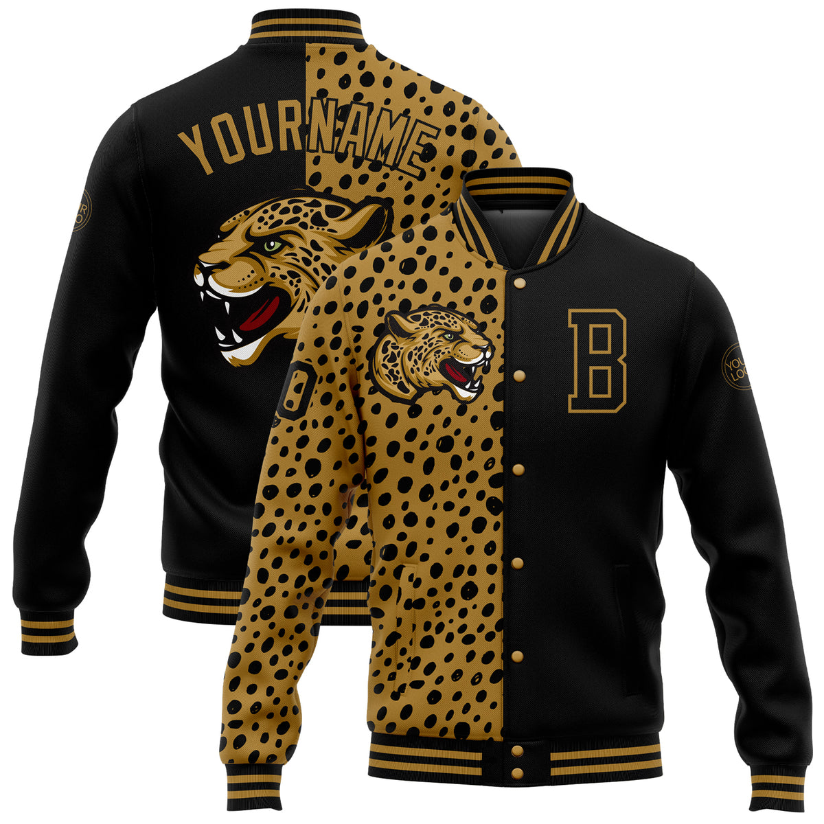 Custom Black Old Gold Leopard Print 3D Pattern Design Bomber Full-Snap ...