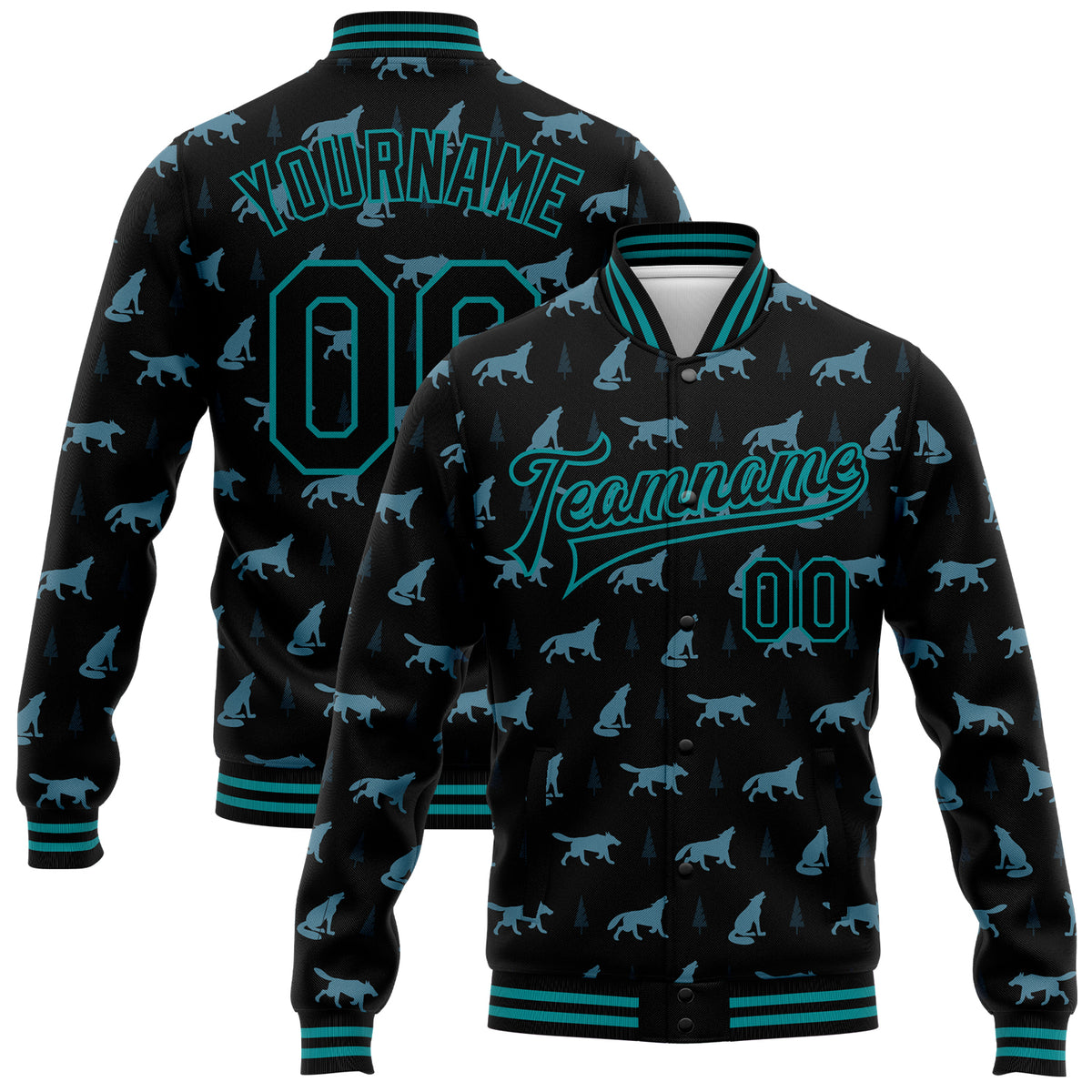Custom Black Teal Wolf 3D Pattern Design Bomber Full-Snap Varsity ...