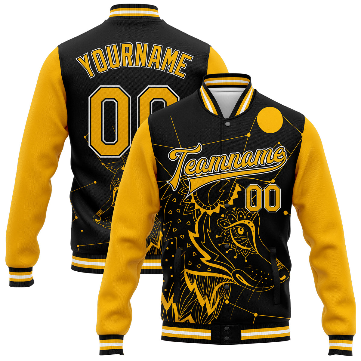 Custom Black Gold-White Wolf 3D Pattern Design Bomber Full-Snap Varsity ...