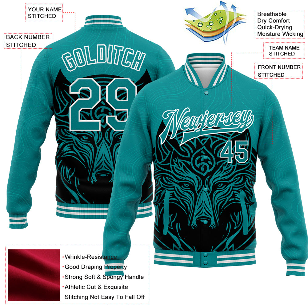 Custom Teal White Wolf Head 3D Pattern Design Bomber Full-Snap Varsity ...