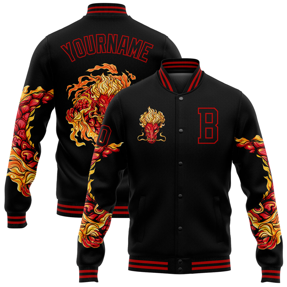 Custom Black Red Dragon 3D Pattern Design Bomber Full-Snap Varsity ...