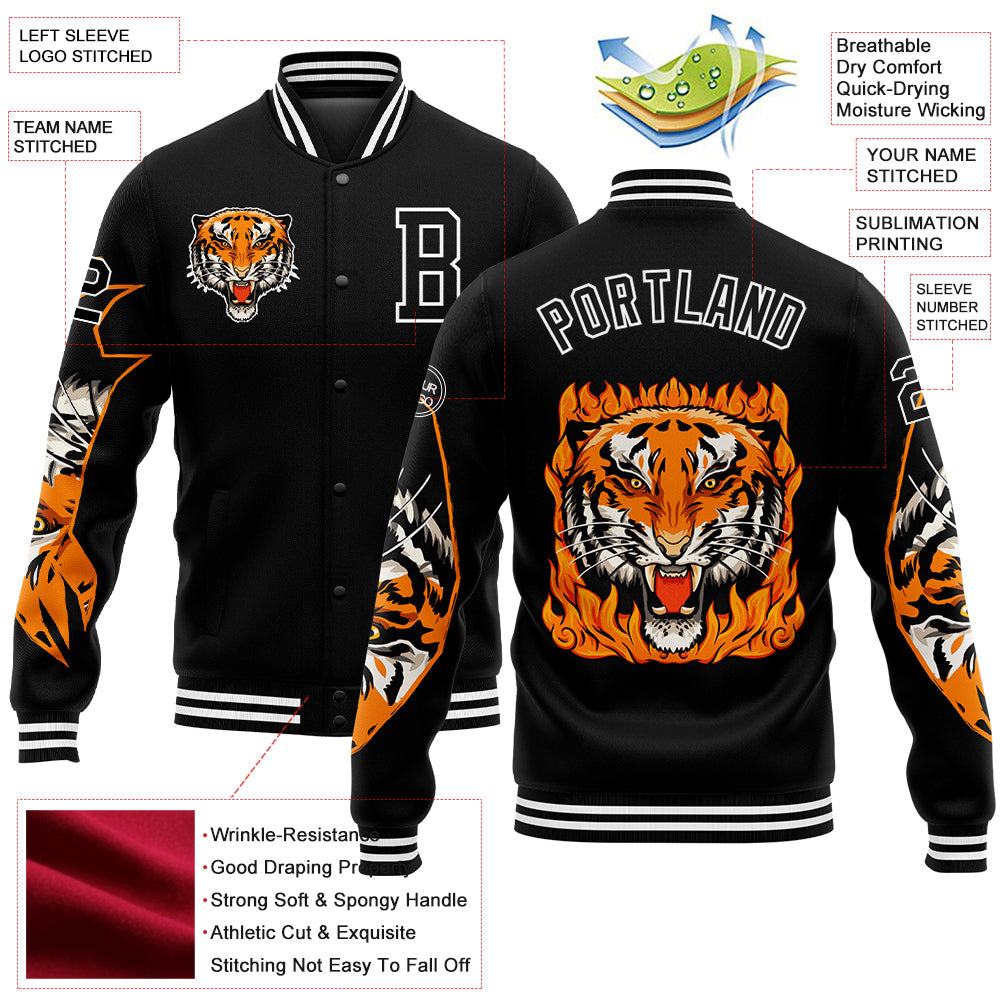 Custom Black White Tiger 3D Pattern Design Bomber Full-Snap Varsity ...
