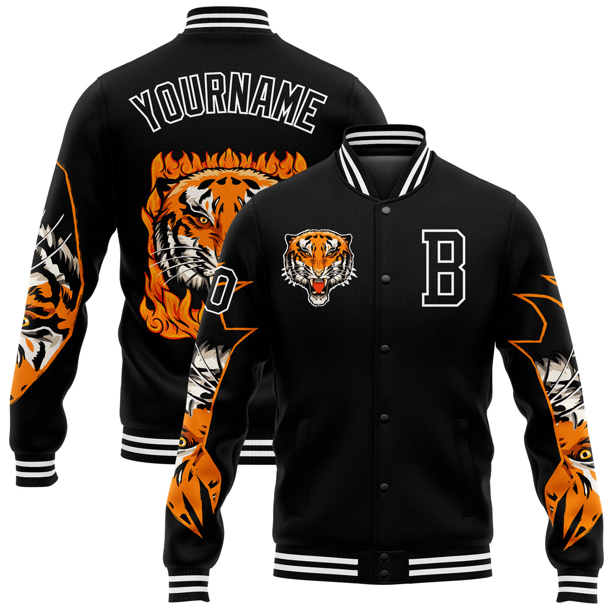 Custom Black White Tiger 3D Pattern Design Bomber Full-Snap Varsity ...