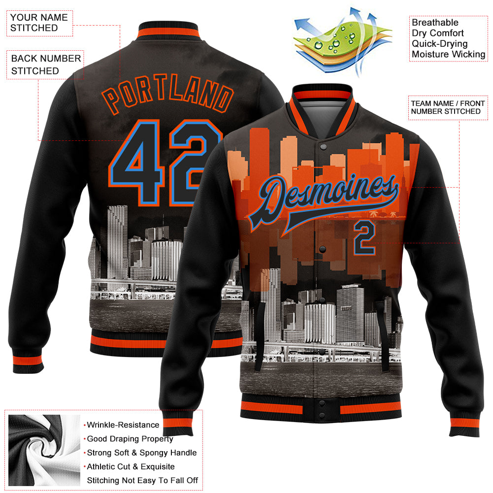 Custom Black Electric Blue-Orange Miami Florida City Edition 3D Bomber ...