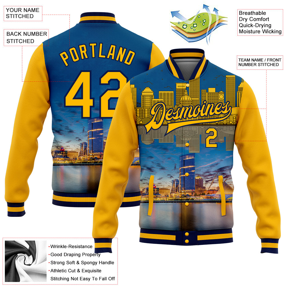 Custom Gold Navy Milwaukee Wisconsin City Edition 3D Bomber Full-Snap ...
