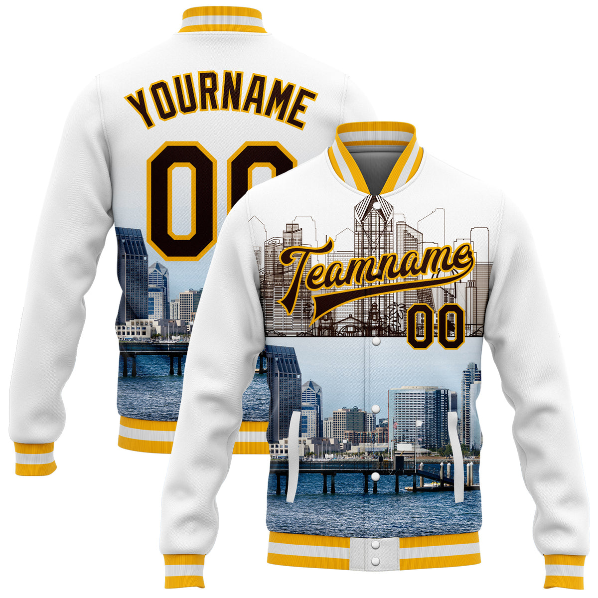 Custom White Brown-Gold San Diego California City Edition 3D Bomber ...