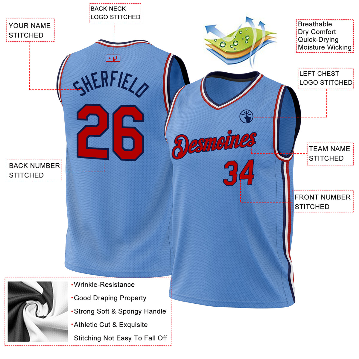 Custom Light Blue Red-Navy Authentic Throwback Basketball Jersey Free ...