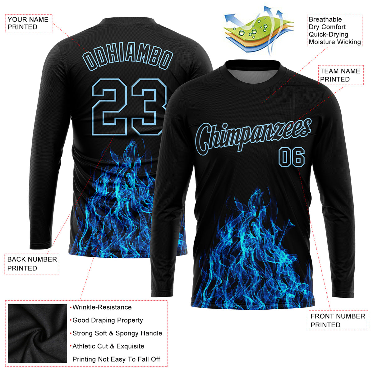 Custom Black Blue-Light Blue Flame 3D Pattern Long Sleeve Performance T ...