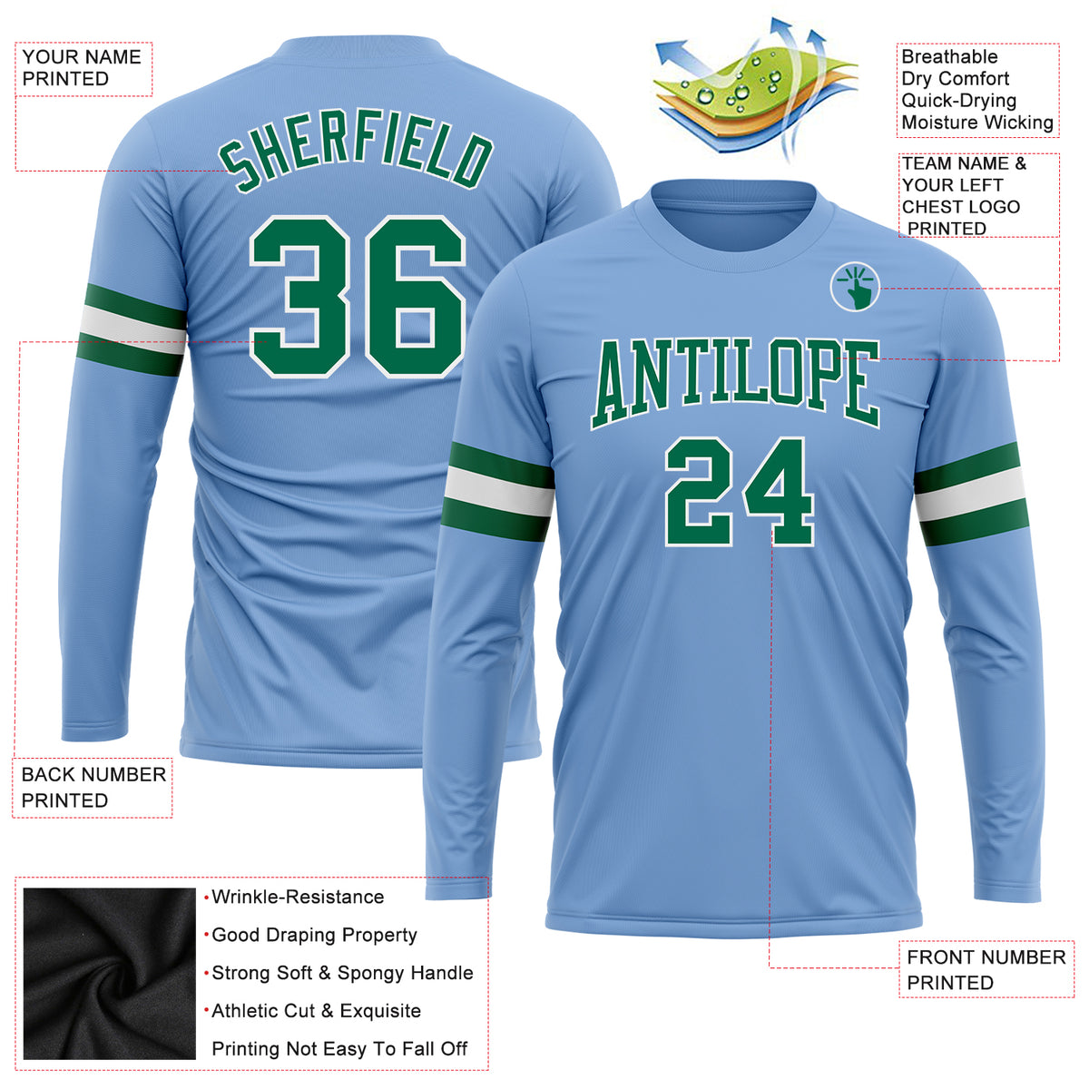 Custom Light Blue Kelly Green-White Long Sleeve Performance T-Shirt ...