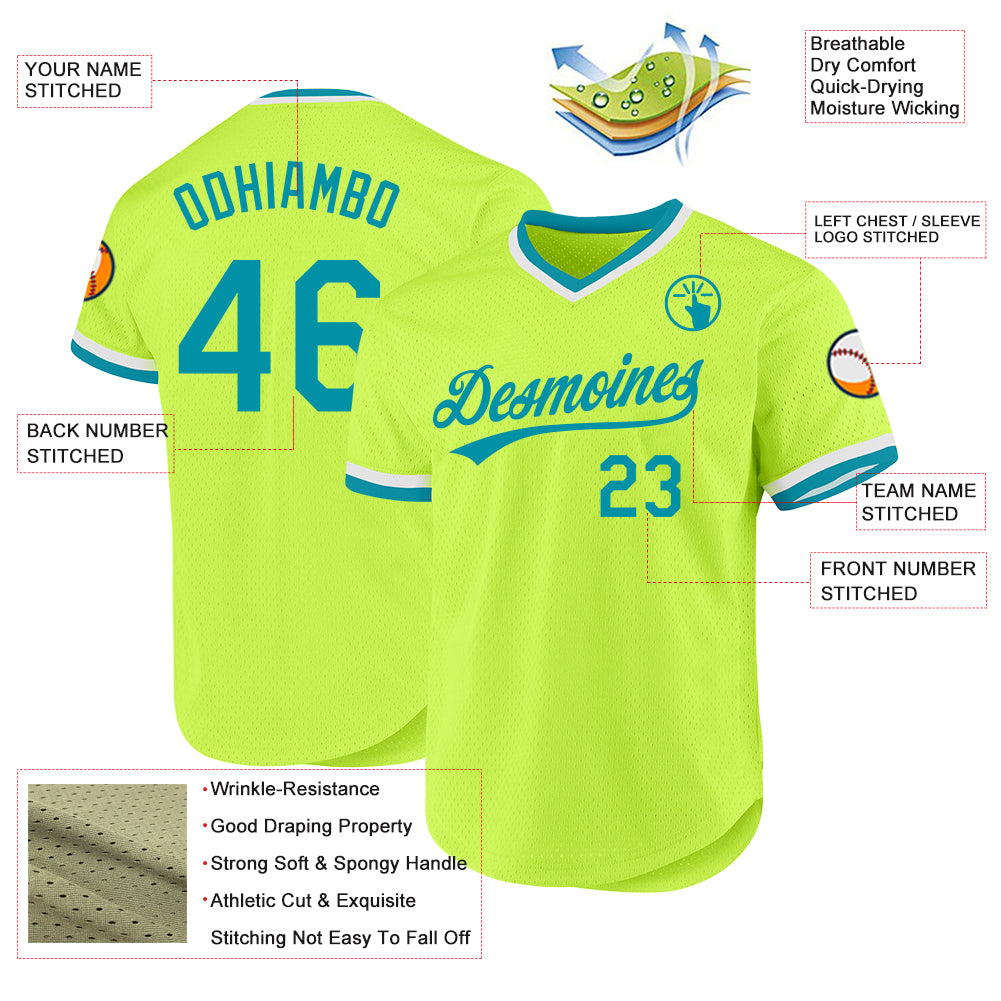 Custom Neon Green Teal-White Authentic Throwback Baseball Jersey Free ...