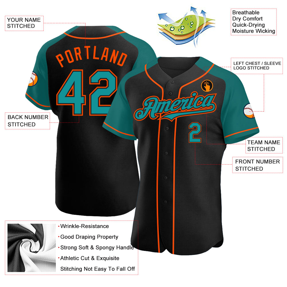 Custom Black Teal-Orange Authentic Raglan Sleeves Baseball Jersey Free ...