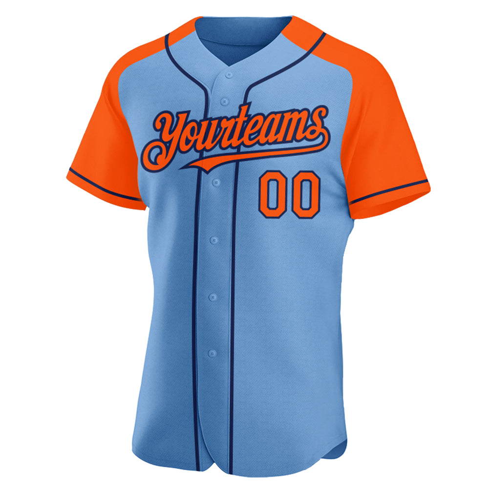 Custom Light Blue Orange-Navy Authentic Raglan Sleeves Baseball Jersey ...