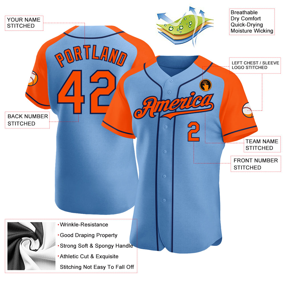 Custom Light Blue Orange-Navy Authentic Raglan Sleeves Baseball Jersey ...