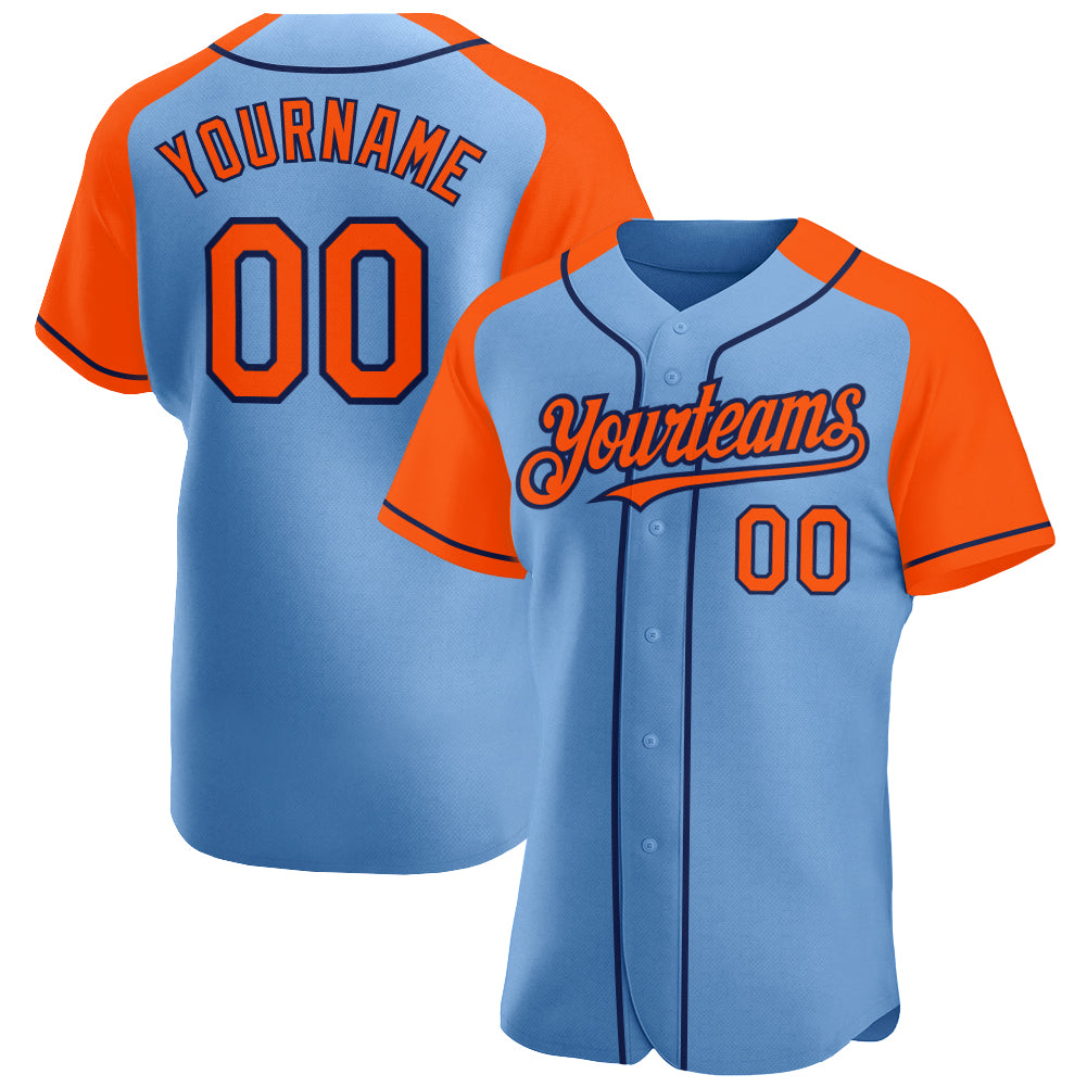 Custom Light Blue Orange-Navy Authentic Raglan Sleeves Baseball Jersey ...