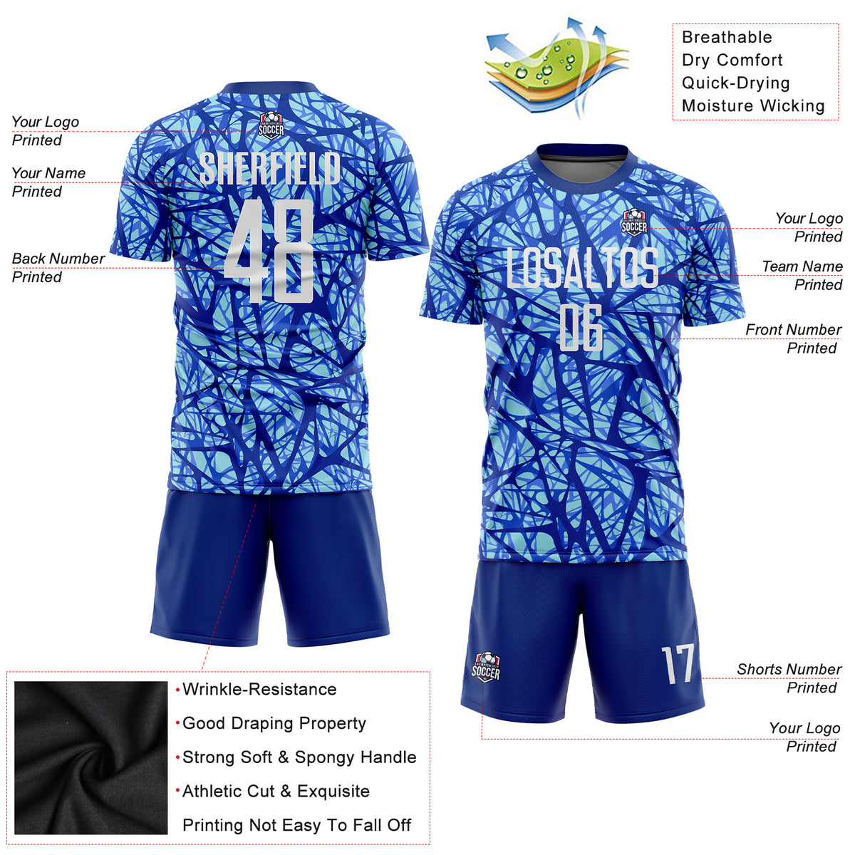 Custom Royal White-Light Blue Sublimation Soccer Uniform Jersey Free ...