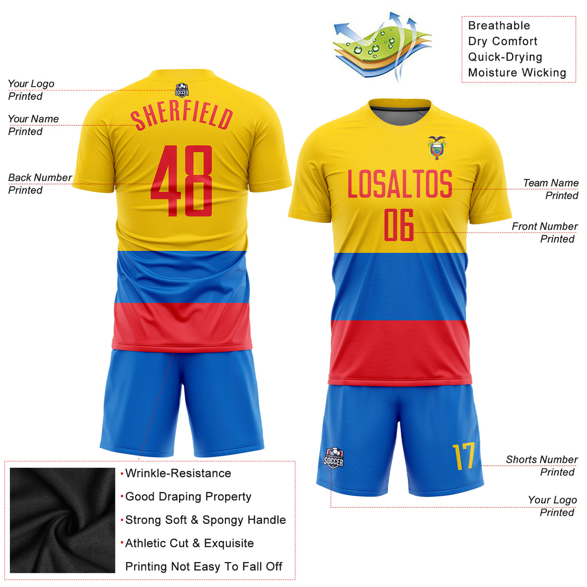 Custom Gold Royal-Red Sublimation Ecuador Flag Soccer Uniform Jersey ...