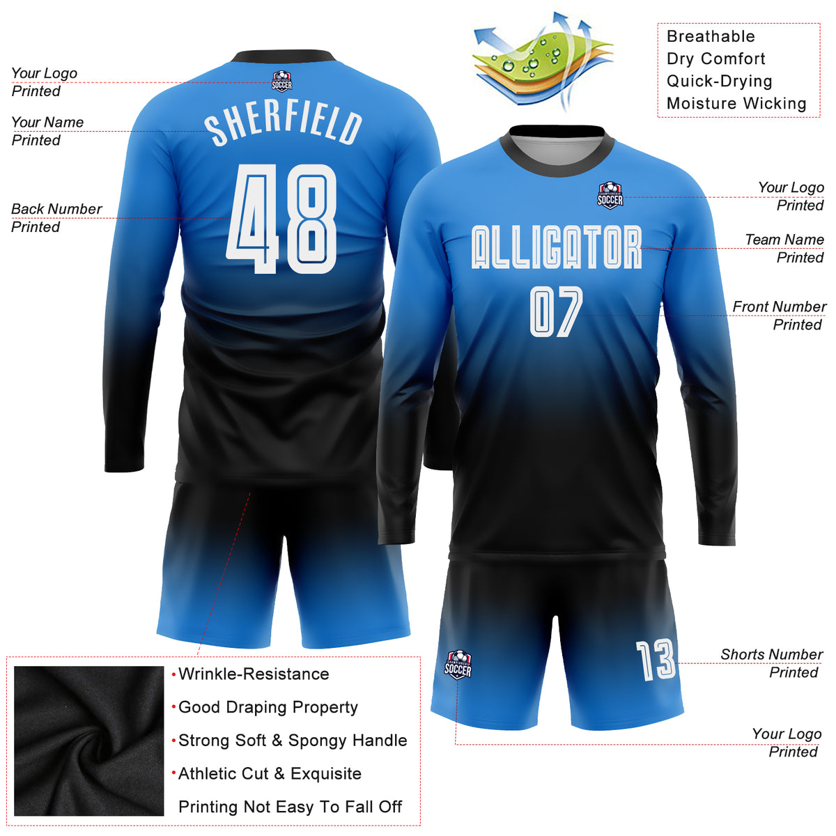 Custom Powder Blue White-Black Sublimation Long Sleeve Fade Fashion ...